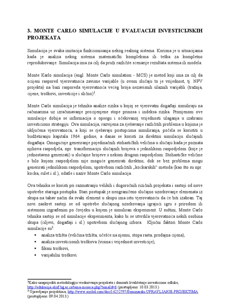 Monte Carlo Simulacije U Evaluaciji Projekata | PDF