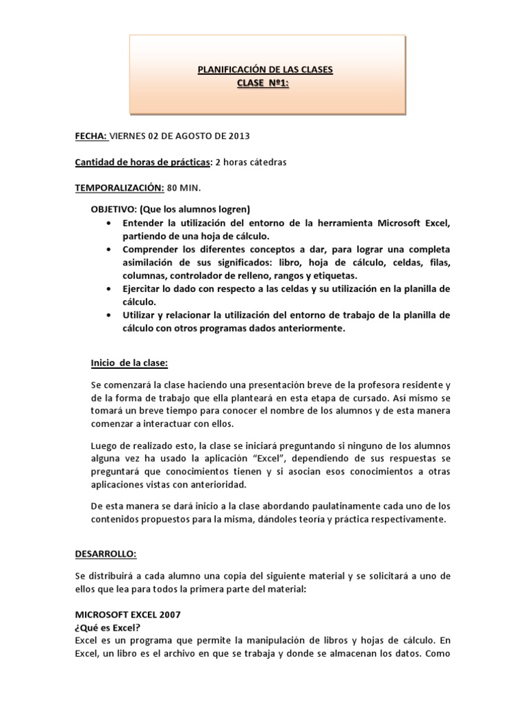 plANIFICACIÓN DE LAS CLASES | PDF | Hoja de cálculo | Microsoft Excel