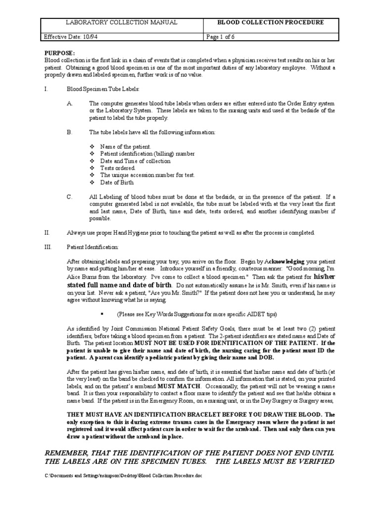 Blood Collection Procedure Manual | PDF | Patient | Vein