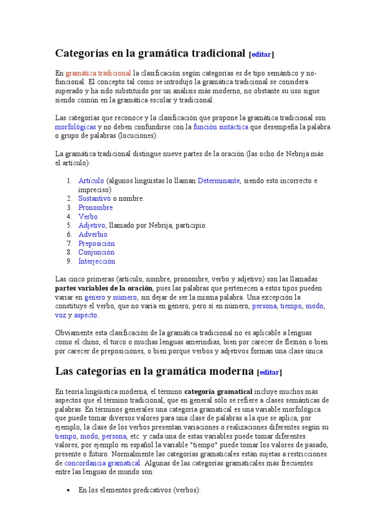 Categorías en La Gramática Tradicional EXAMEN DE ADMISION | PDF ...