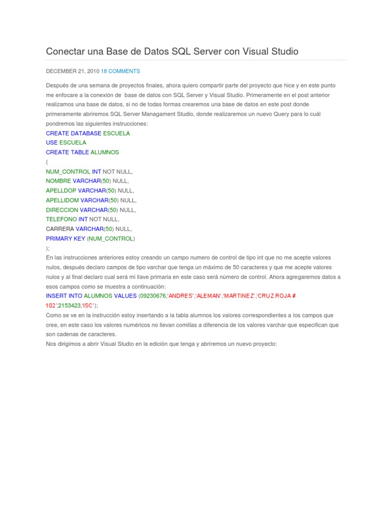 Conectar Una Base de Datos SQL Server Con Visual | PDF | Servidor SQL ...