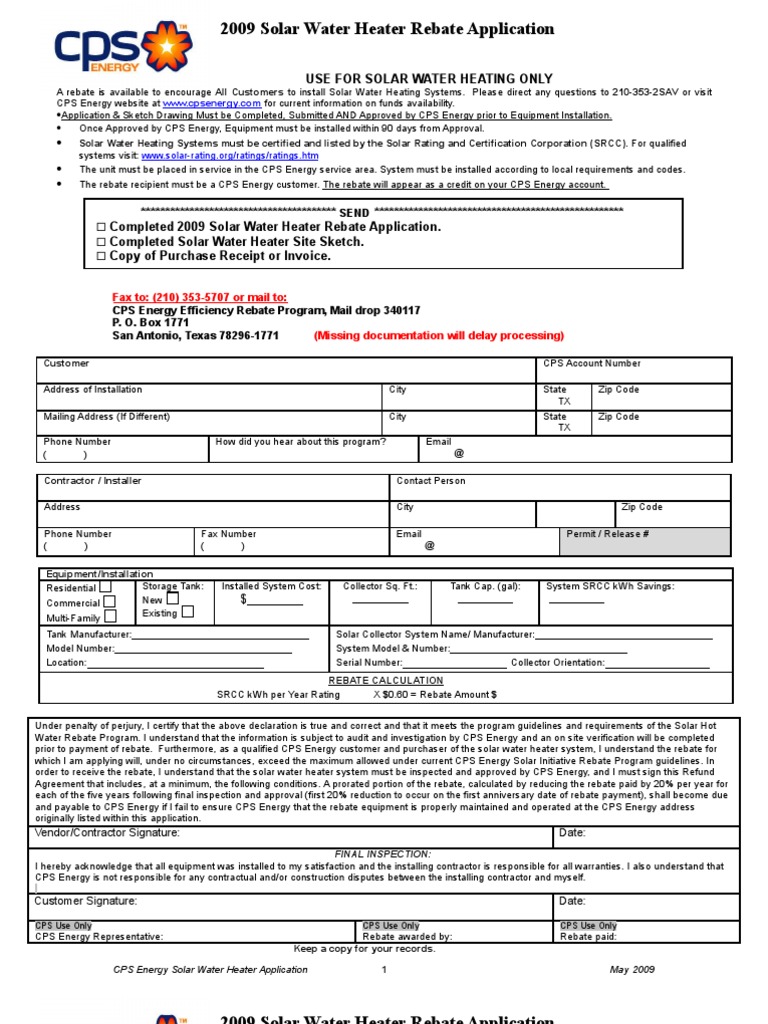 2009 CPS Solar Water Heater Rebate Form | PDF | Rebate (Marketing ...