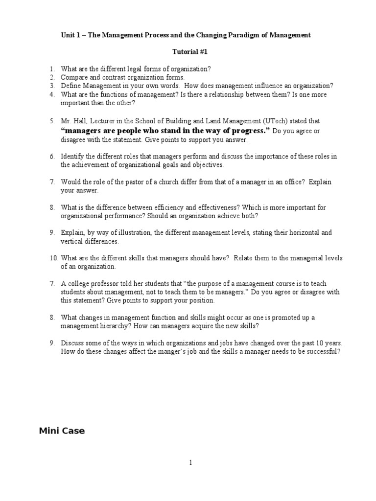 Tutorial Questions 1 - Intro To Management - The Managment Process and ...
