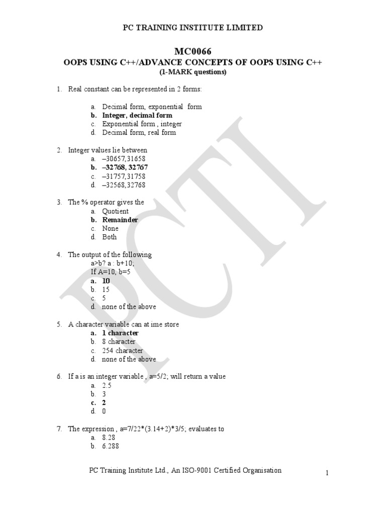 Oops Using C++/Advance Concepts of Oops Using C++: (1-MARK Questions ...