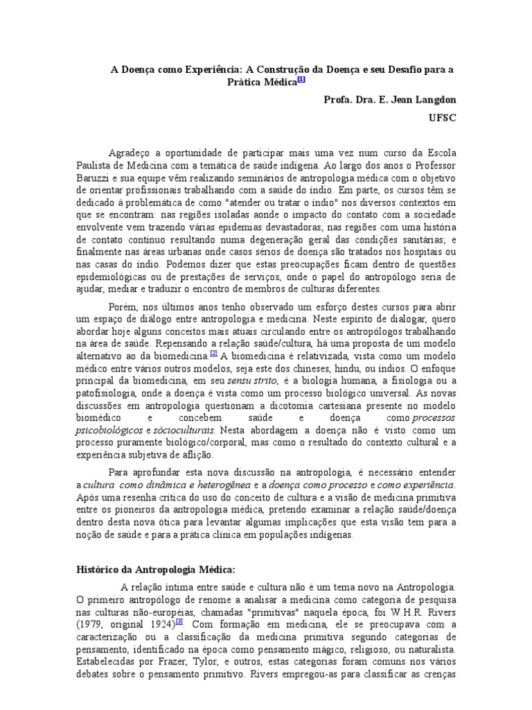 LANGDON, Jean. A Doença Como Experiência. Construção Da Doença e Seu ...