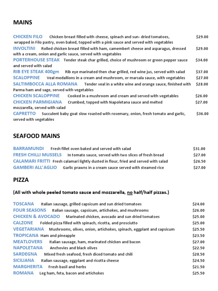 Delicious Chicken and Seafood Mains Menu | PDF