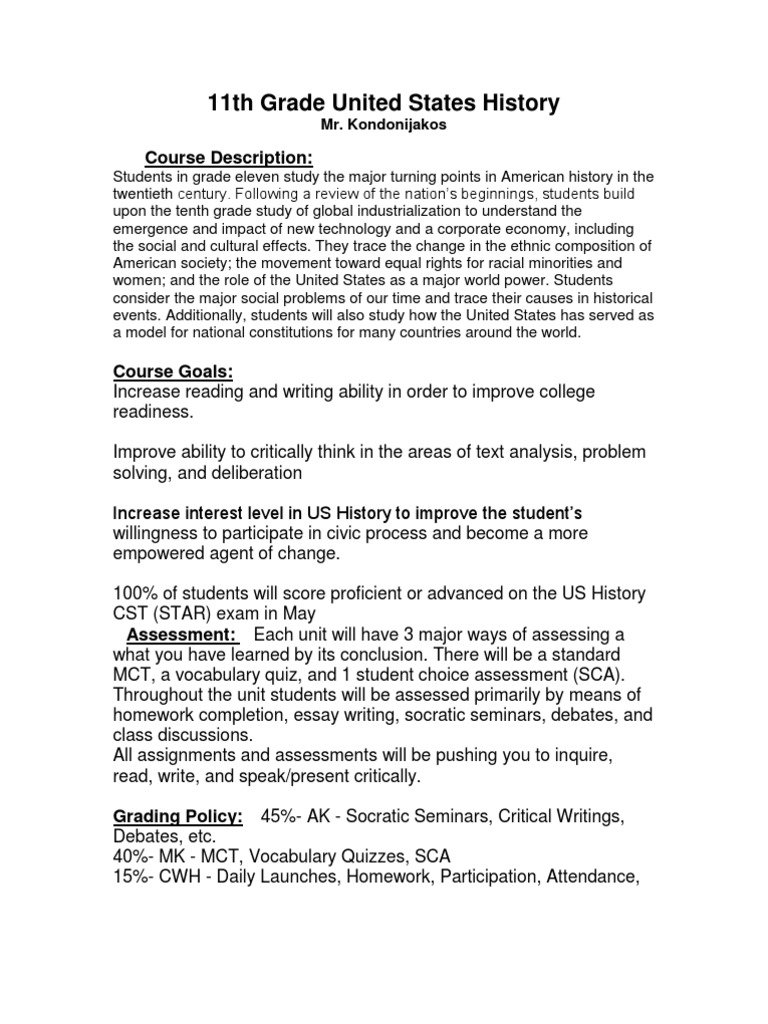 11th Grade US History Course Overview | PDF | Notebook | Homework