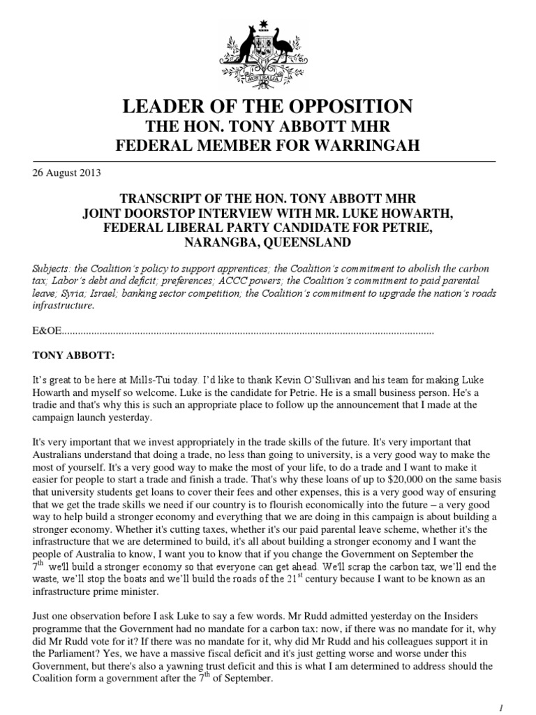 13-08-26 Joint Doorstop Interview Narangba Queensland PDF | PDF | Kevin ...