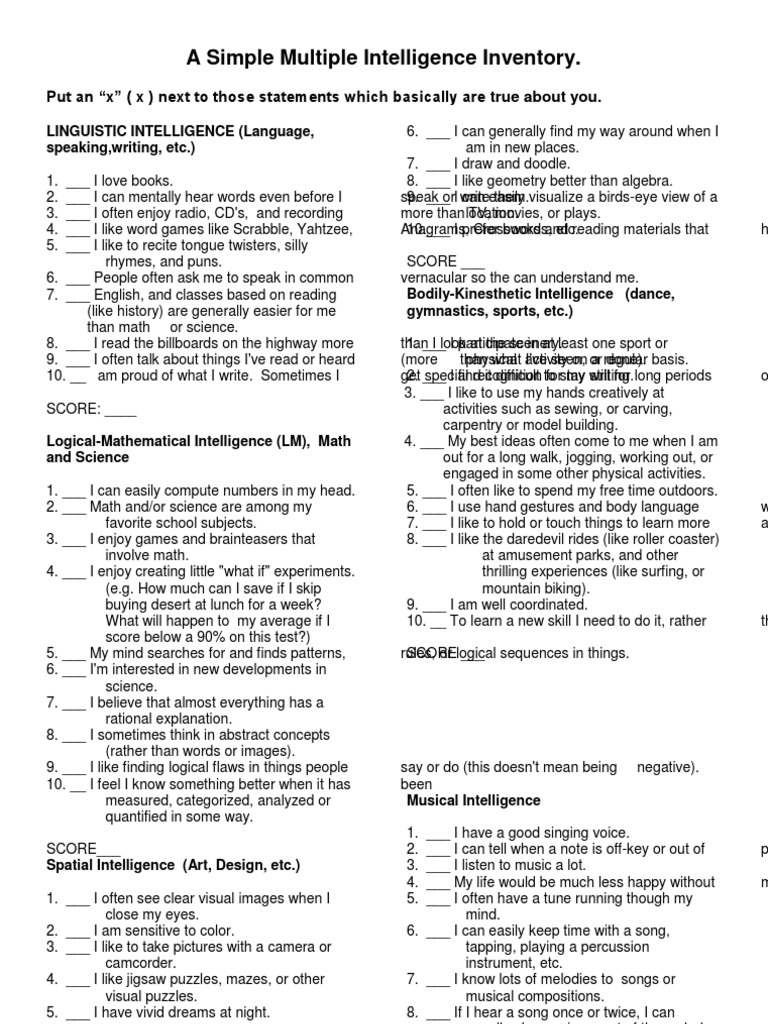 Multiple Intelligence Self-Assessment Tool | PDF | Self-Improvement