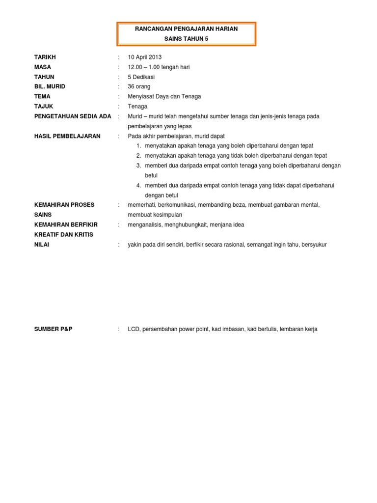 RPH SAINS Tahun 5: Tenaga Yang Boleh Diperbaharui | PDF | Seni | Karier ...