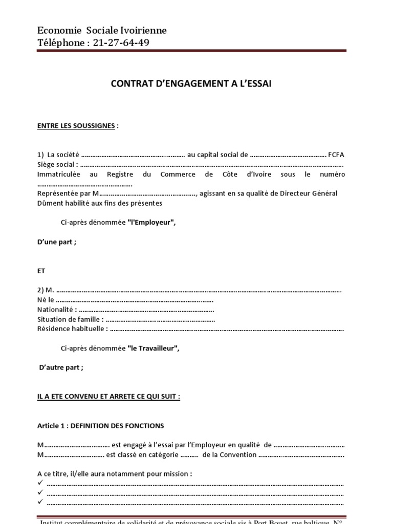 18.Modele de Contrat Essai | Côte d'Ivoire | Emploi