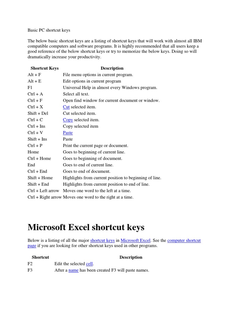 Basic PC Shortcut Keys | Download Free PDF | Keyboard Shortcut | Double ...
