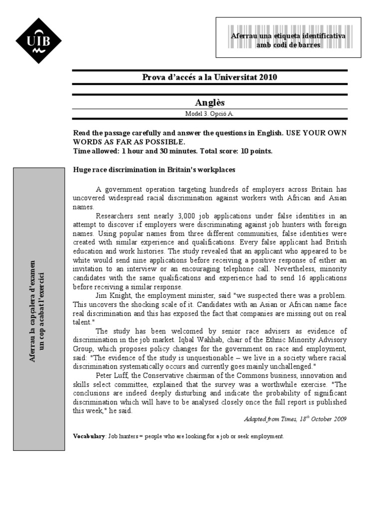 Anglès: Prova D'accés A La Universitat 2010 | PDF | Bullfighting | Catalonia
