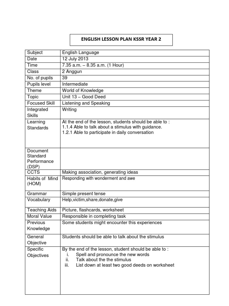 English Lesson Plan KSSR Year 2: Responding With Wonderment and Awe ...