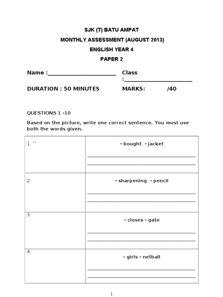 Year 4 English Monthly Assessment | PDF | Teaching Methods & Materials ...