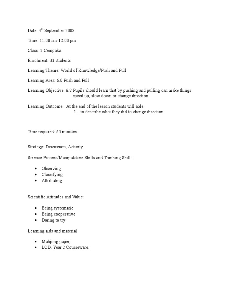 Lesson Plan Science Tahun 2 - Push and Pull Part 4 | Download Free PDF ...