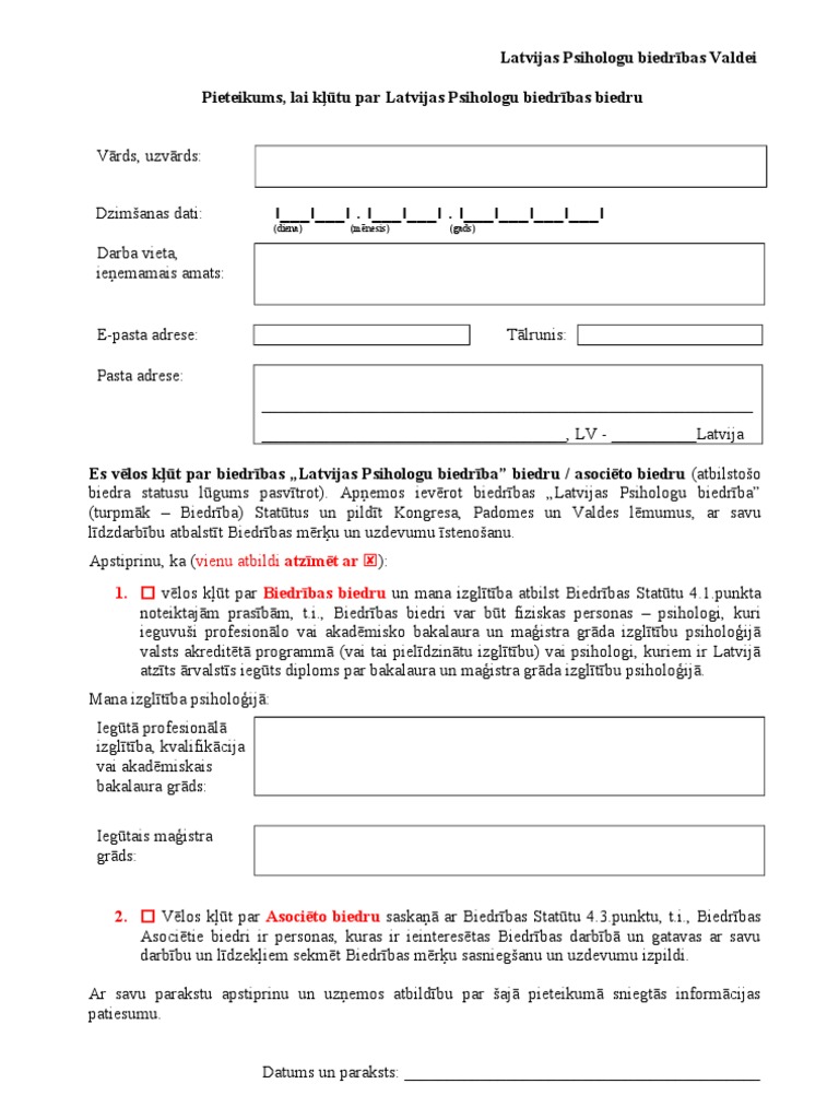 Iesniegums Biedra Anketa LPB | PDF