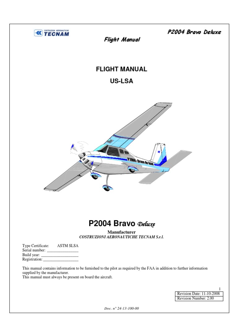 Tecnam P2004 Bravo Deluxe - Flight Manual | PDF | Turbine Engine ...