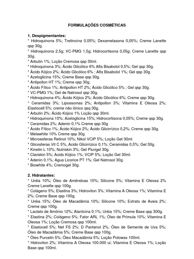 Formulações Cosméticas | PDF | Compostos orgânicos | Compostos químicos