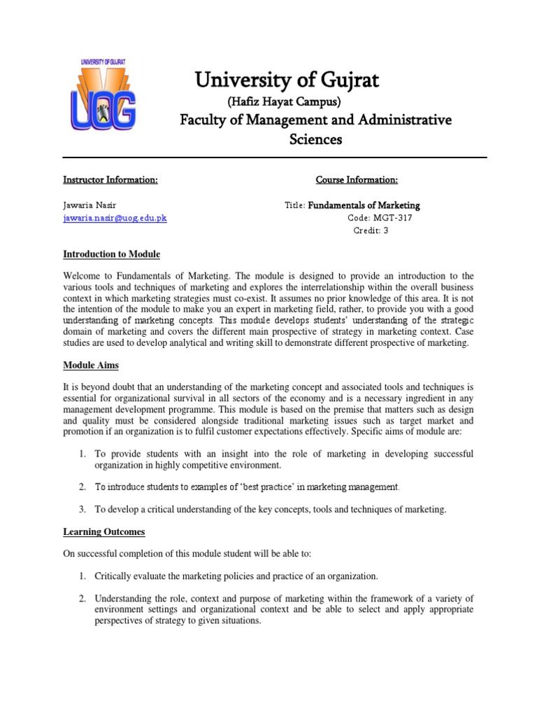 Marketing Course Outlines Uog | PDF | Career & Growth