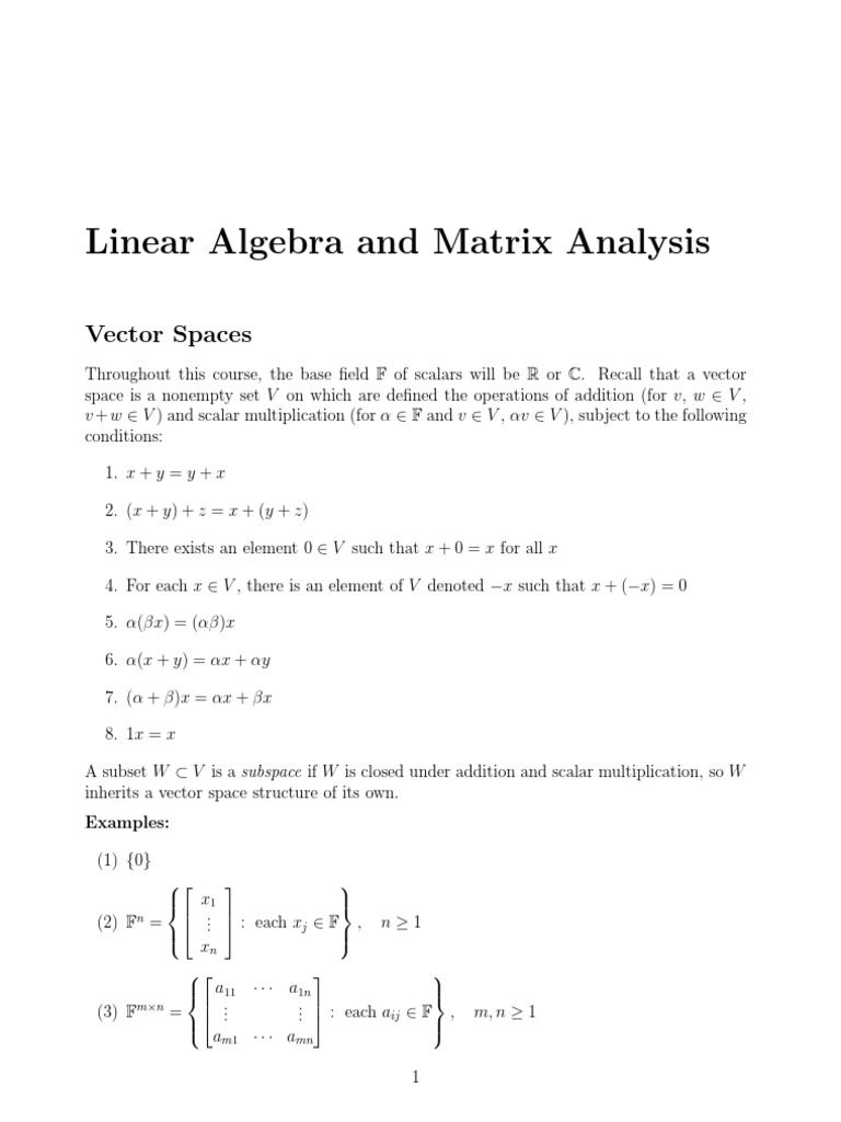 Linear Algebra and Matrix Analysis: Vector Spaces | PDF | Basis (Linear Algebra) | Linear Subspace