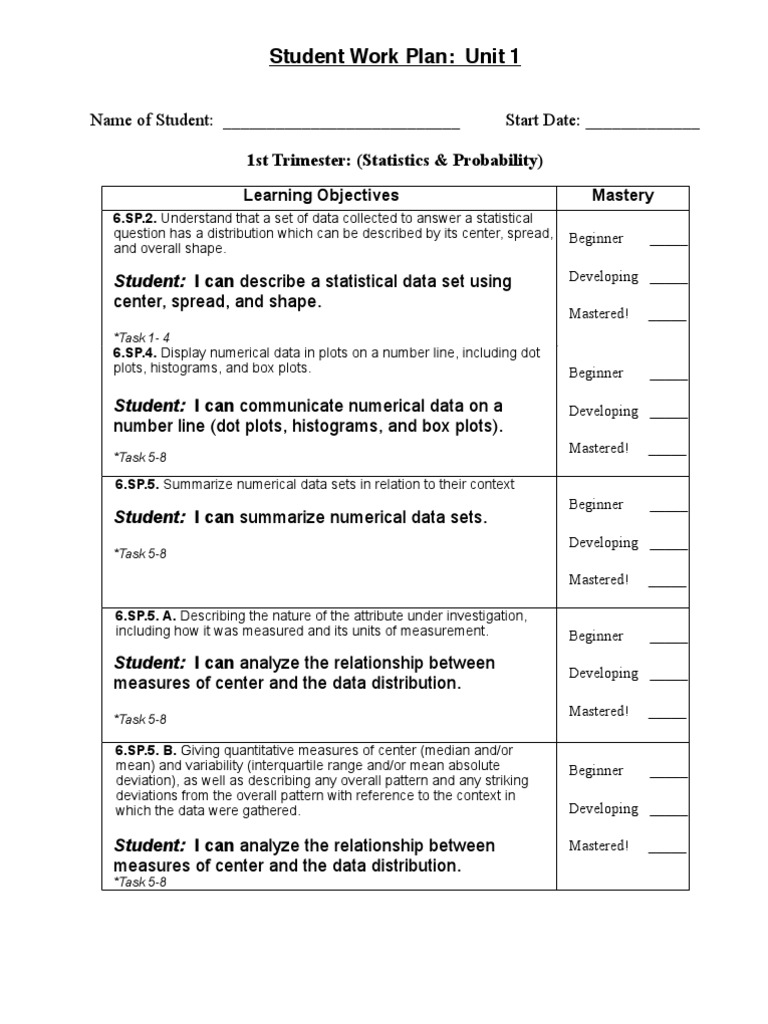 Student Work Plan: Unit 1: Name of Student: - Start Date | PDF ...