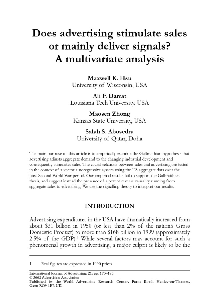 Does Advertising Stimulate Sales or Mainly Deliver Signals? A ...
