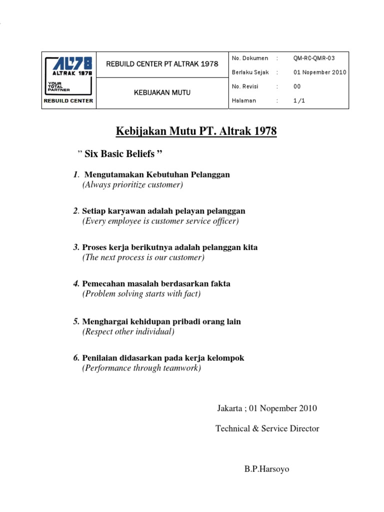 3.kebijakan Mutu PT - Altrak 1978 | PDF