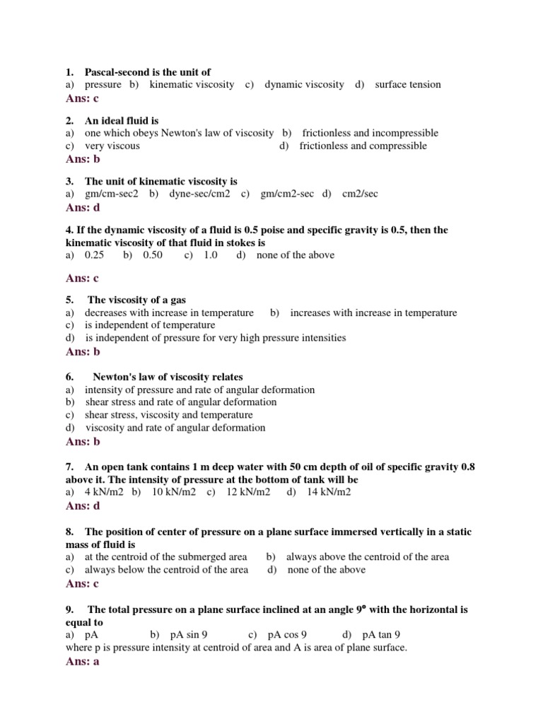 Fluid Mechanics Multiple Choice Questions | PDF | Buoyancy | Viscosity