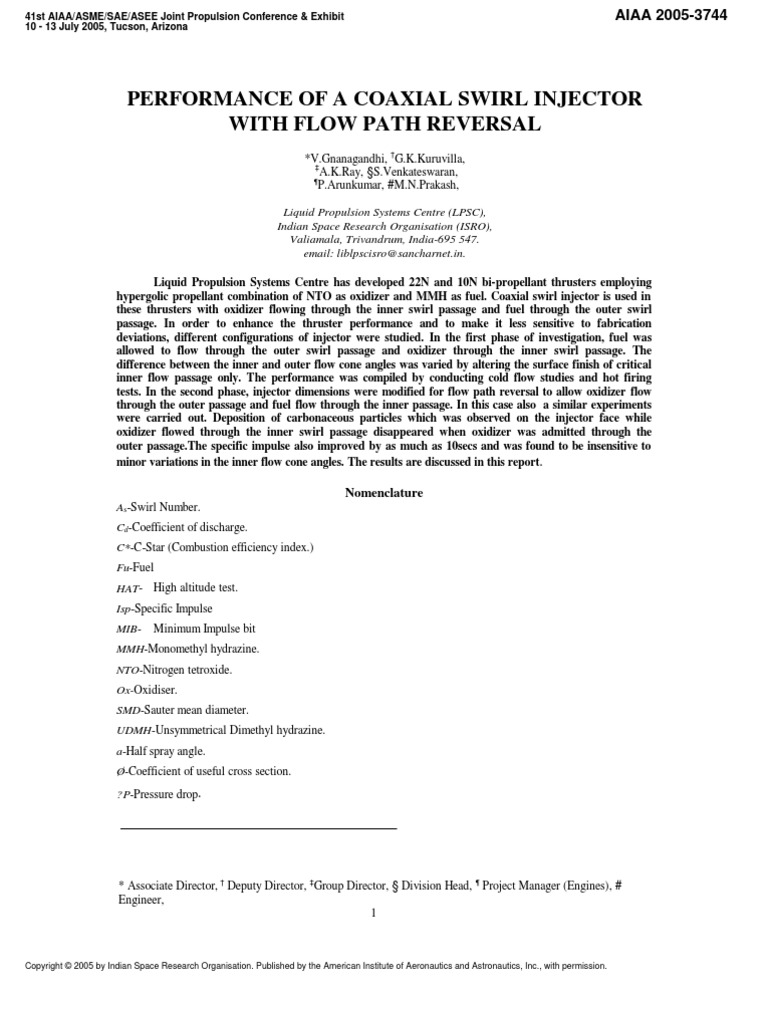 Performance of A Coaxial Swirl Injector With Flow Path Reversal | PDF ...
