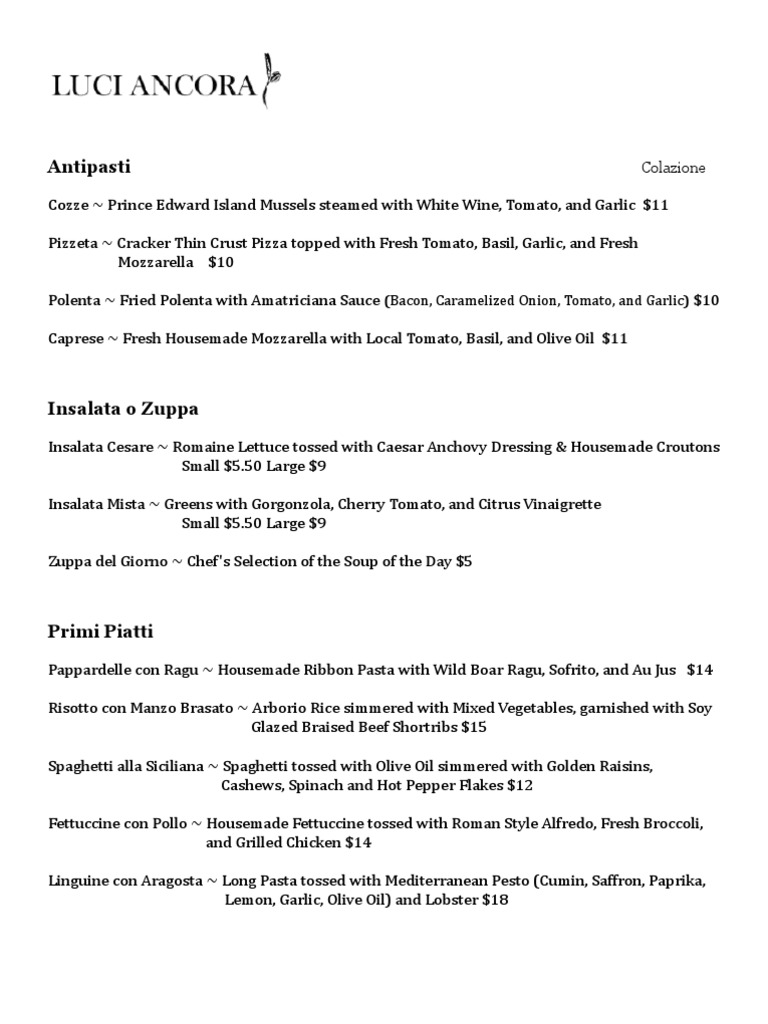 Luci Ancora Restaurant Menu Overview | PDF | Salad | Cuisine