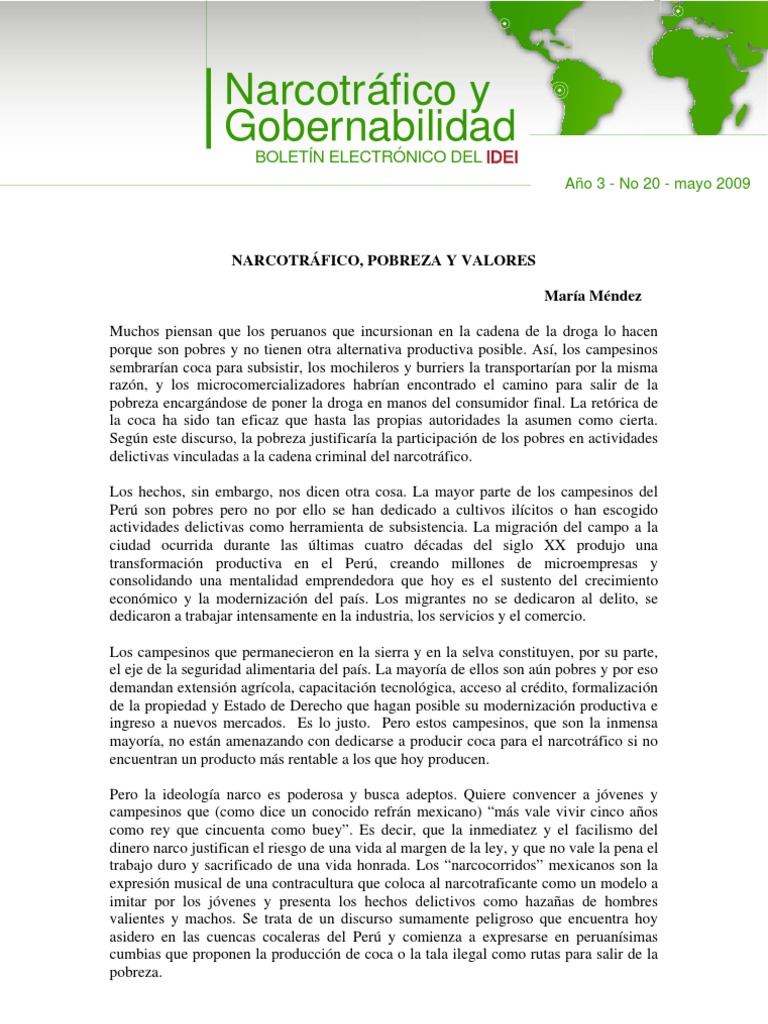 Narcotráfico, Pobreza y Valores | Descargar gratis PDF | Comercio ilegal de drogas | Pobreza