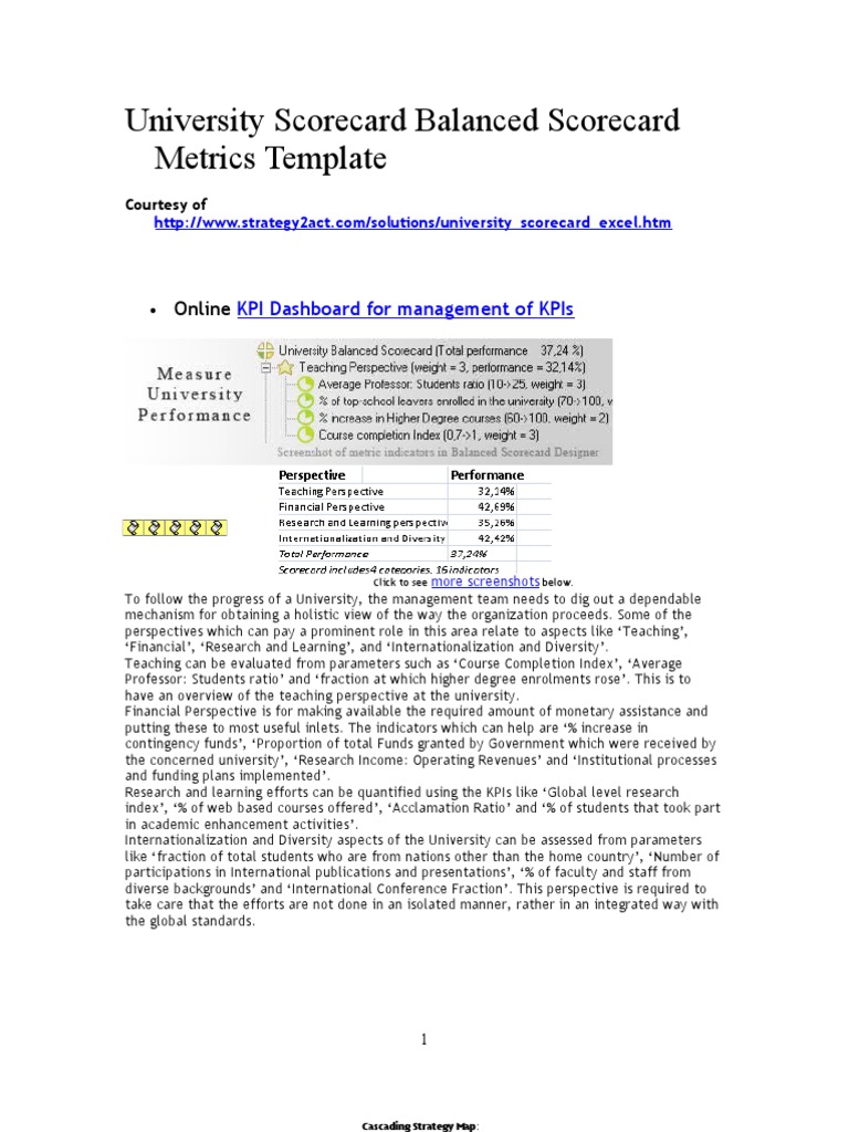 University Balanced Scorecard Template | PDF | Performance Indicator ...