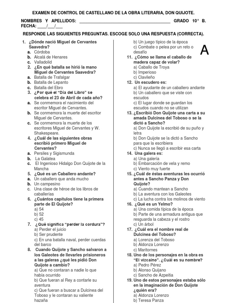Examen de Control de La Obra Don Quijote 10°2013 | PDF | Don Quijote ...