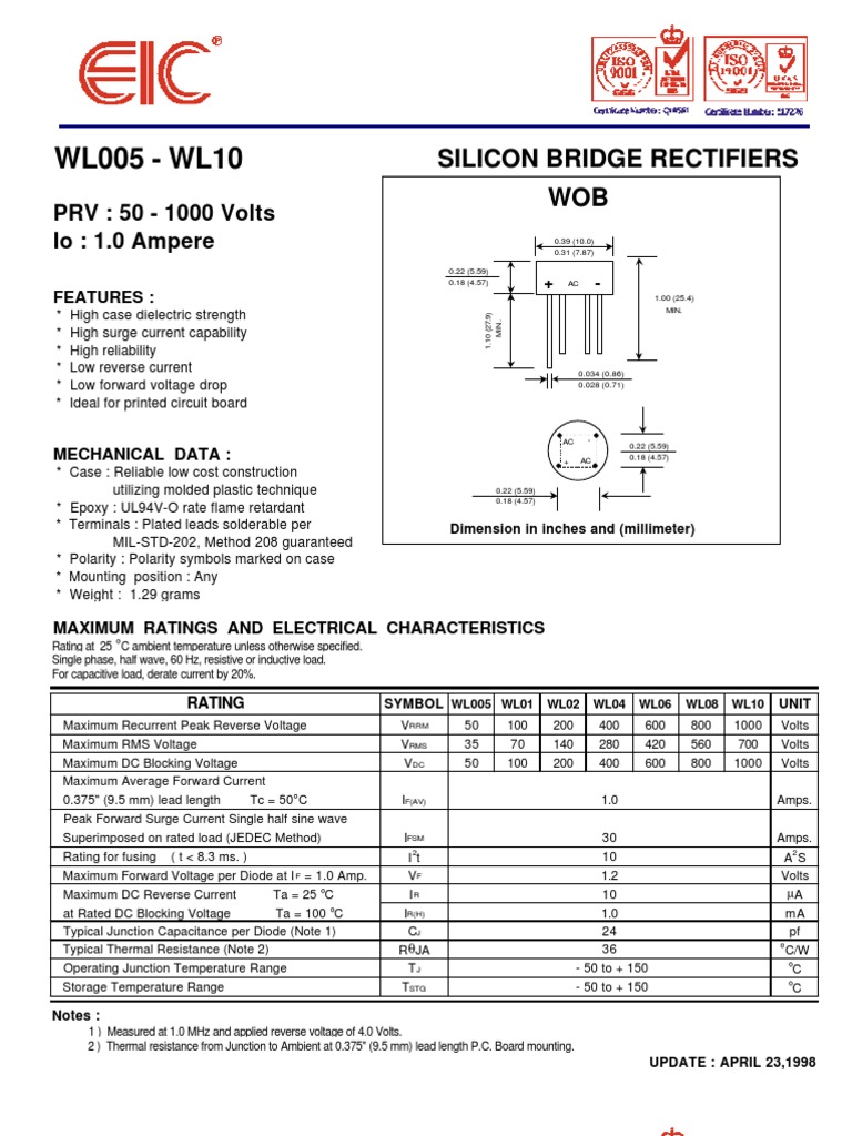 WL005 - WL10: Silicon Bridge Rectifiers WOB | PDF | Capacitor | Diode