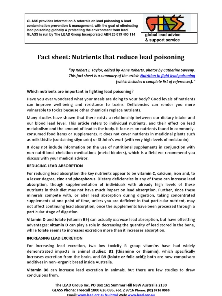 Fact Sheet-Nutrients That Reduce Lead Poisoning | PDF | Vitamin | Lead