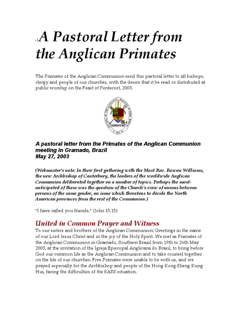 Anglican Primates' Pastoral Letter 2003 | PDF | Anglicanism | Eucharist