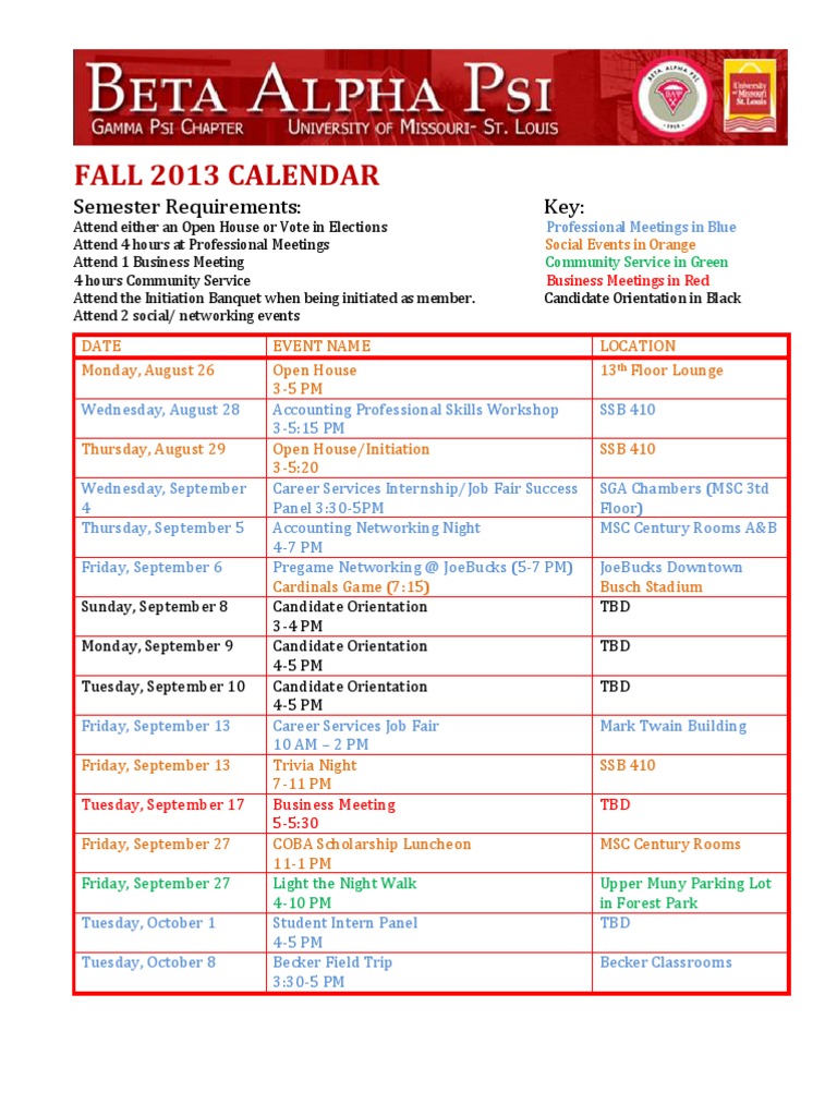 Fall 2013 Calendar: Semester Requirements: Key | PDF | Sports | Leisure