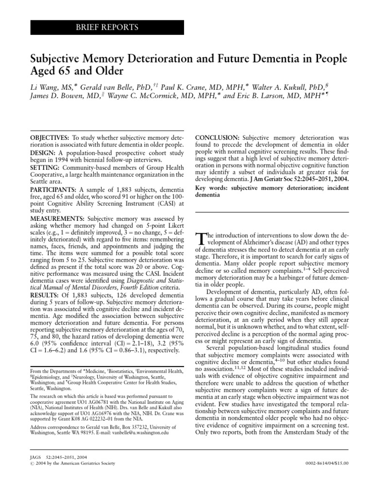 Subjective Memory Deterioration and Future Dementia | PDF | Dementia ...