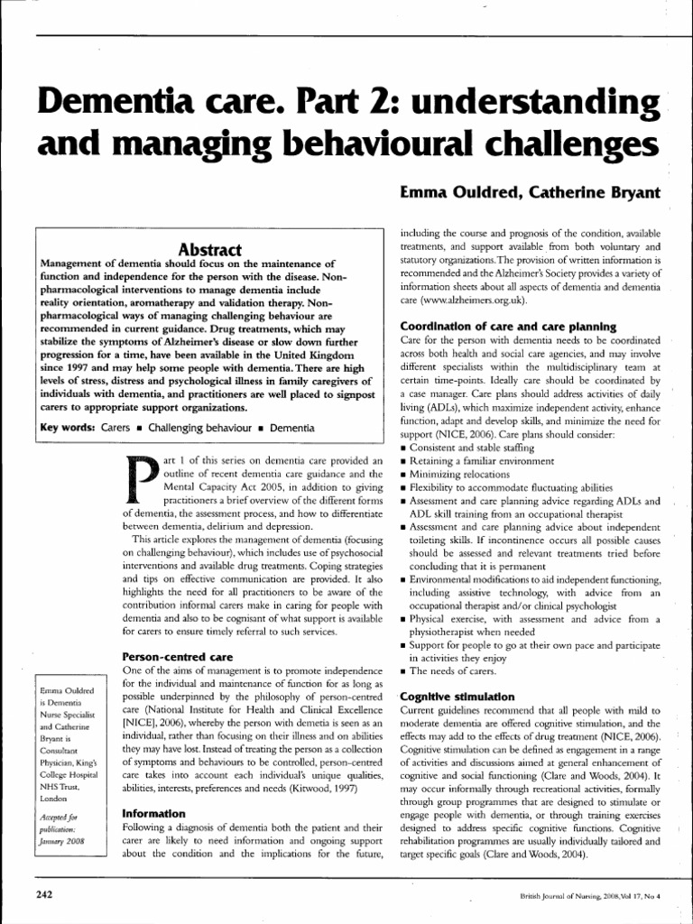 Dementia Care. Part 2 Understanding and Managing Behavioural Challenges ...