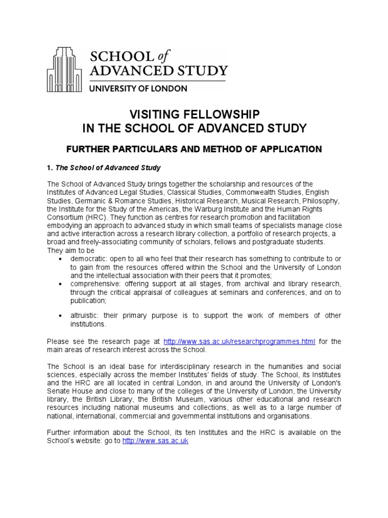 Visiting Fellowship in The School of Advanced Study: Further Particulars and Method of ...