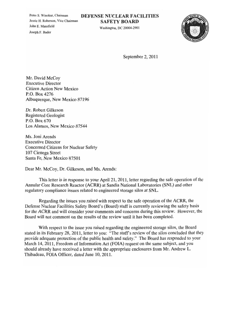 DNFSB 9.02.2011 Letter | PDF | Nuclear Power | Nuclear Energy