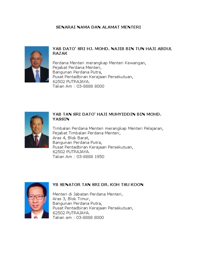 Senarai Nama Dan Alamat Menteri | PDF