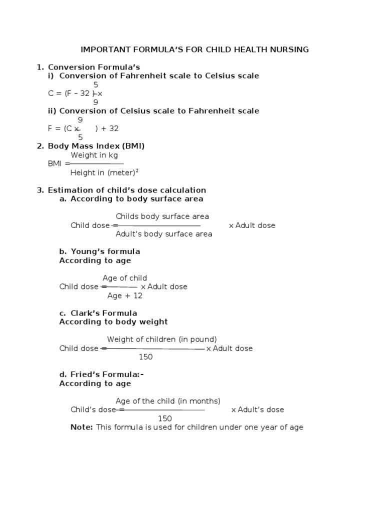 Important Formulas For Child Health Nursing | PDF | Body Mass Index ...