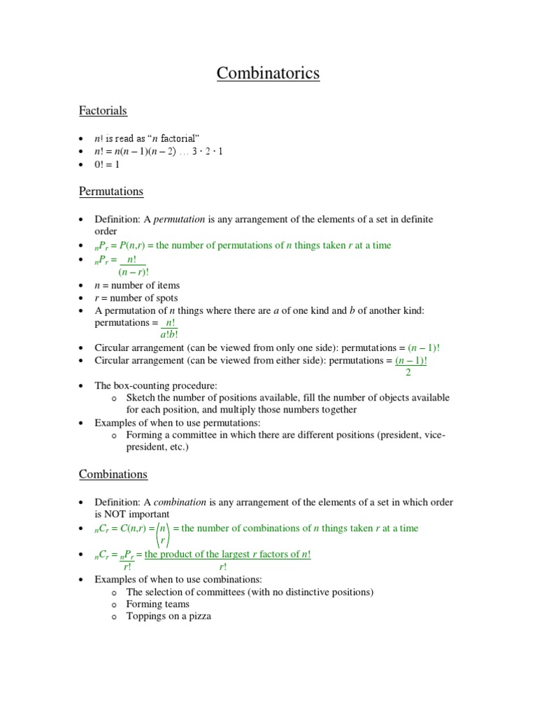 SAT II Math Level 2 Subject Test Notes: Combinatorics | PDF ...