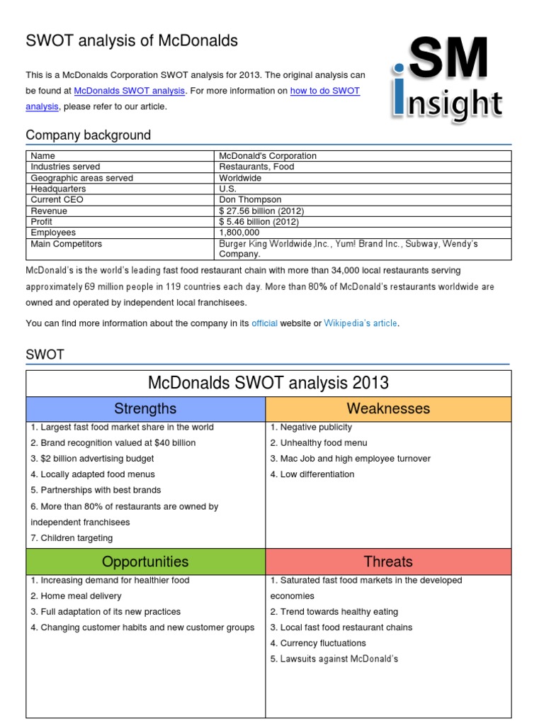 Mcdonalds Swot Analysis | Fast Food Restaurants | Mc Donald's