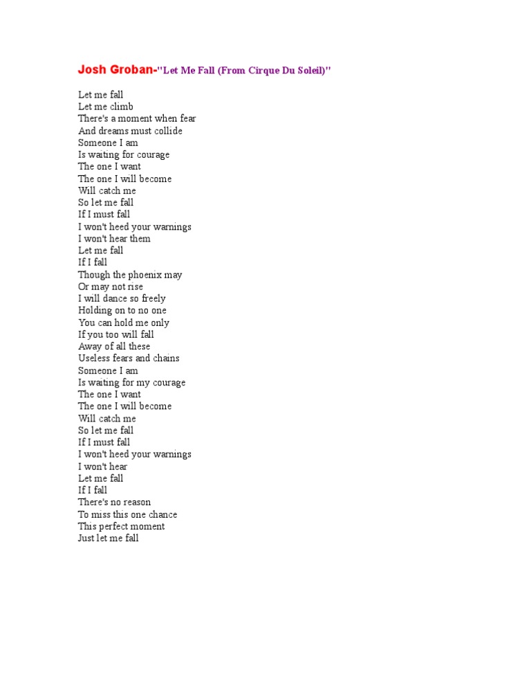 Josh Groban - Let Me Fall Lyrics | PDF