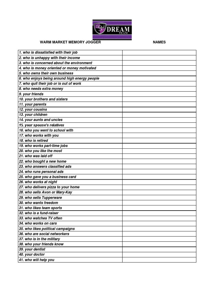 Warm Market Memory Jogger List | PDF | Business