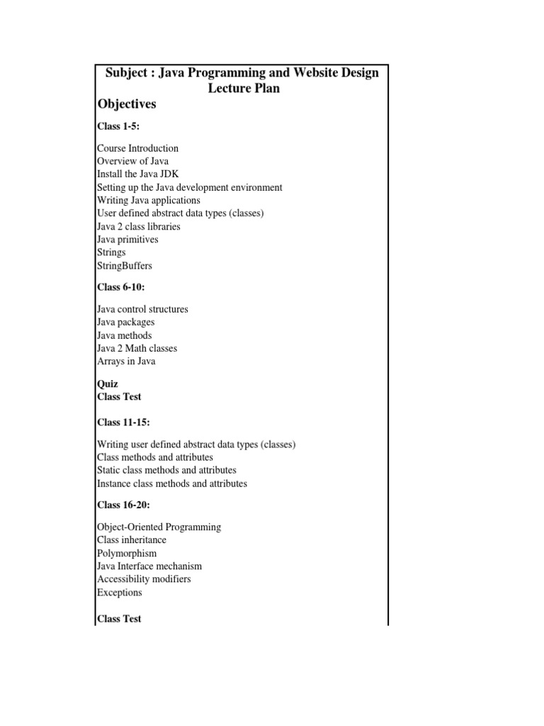 Subject: Java Programming and Website Design Lecture Plan Objectives ...