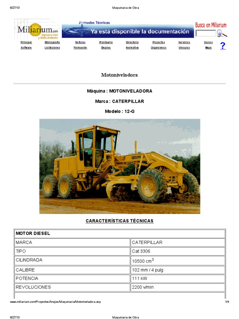 Especificaciones y Rendimientos - Motoniveladora Caterpillar Cat-140h | PDF